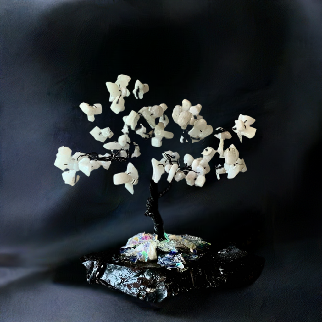 Joy- Handmade White Jade Mini Gemstone Tree Mounted on Raw Obsidian ...
