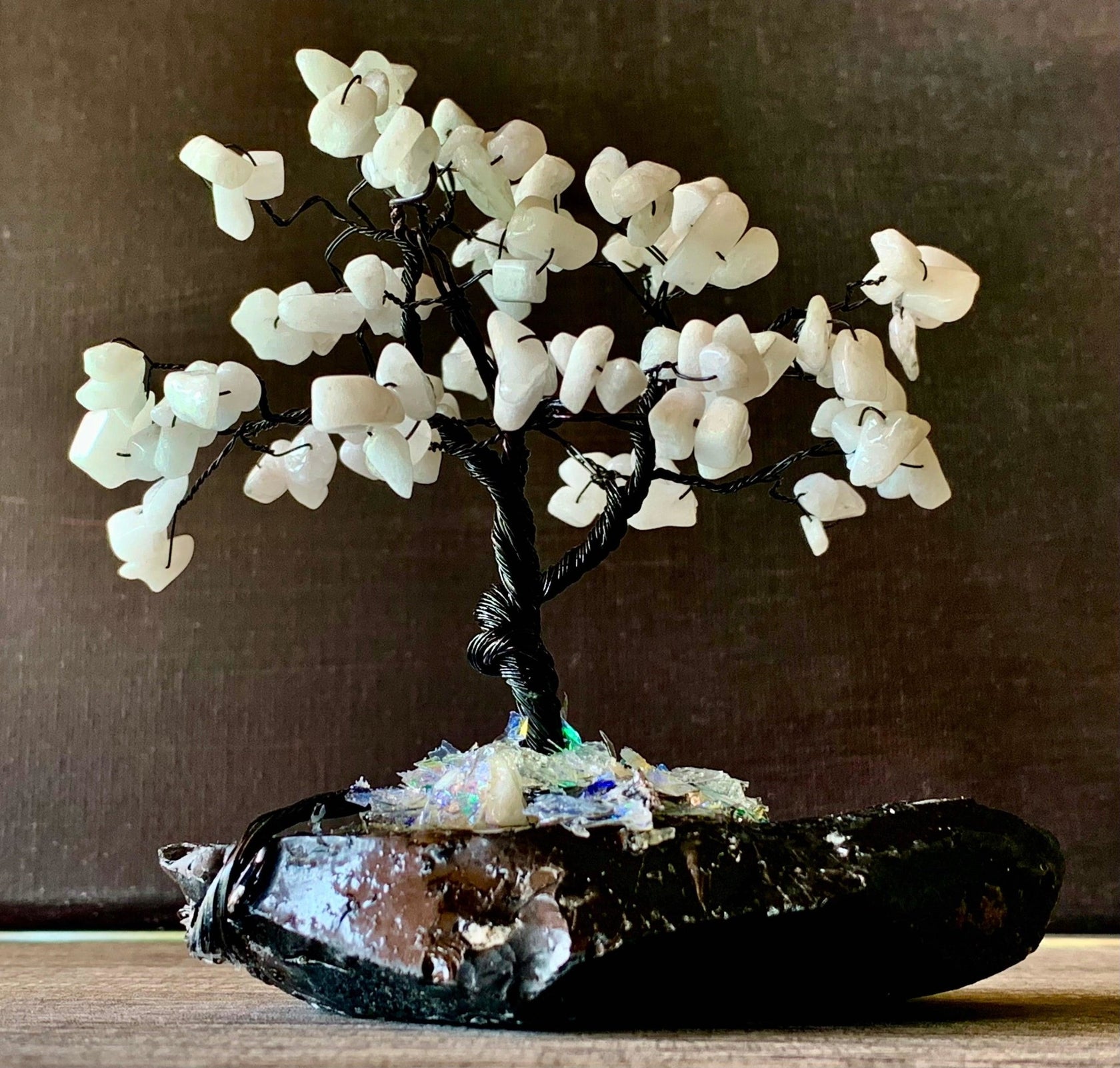 Joy- Handmade White Jade Mini Gemstone Tree Mounted on Raw Obsidian ...