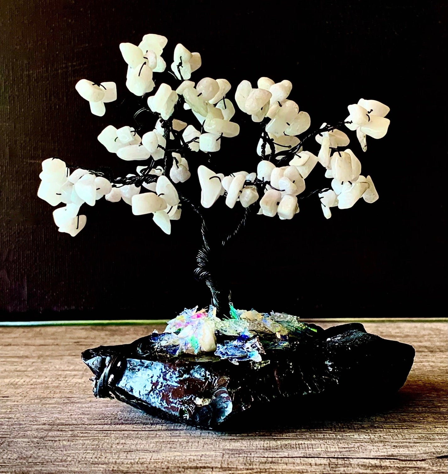 Joy- Handmade White Jade Mini Gemstone Tree Mounted on Raw Obsidian ...
