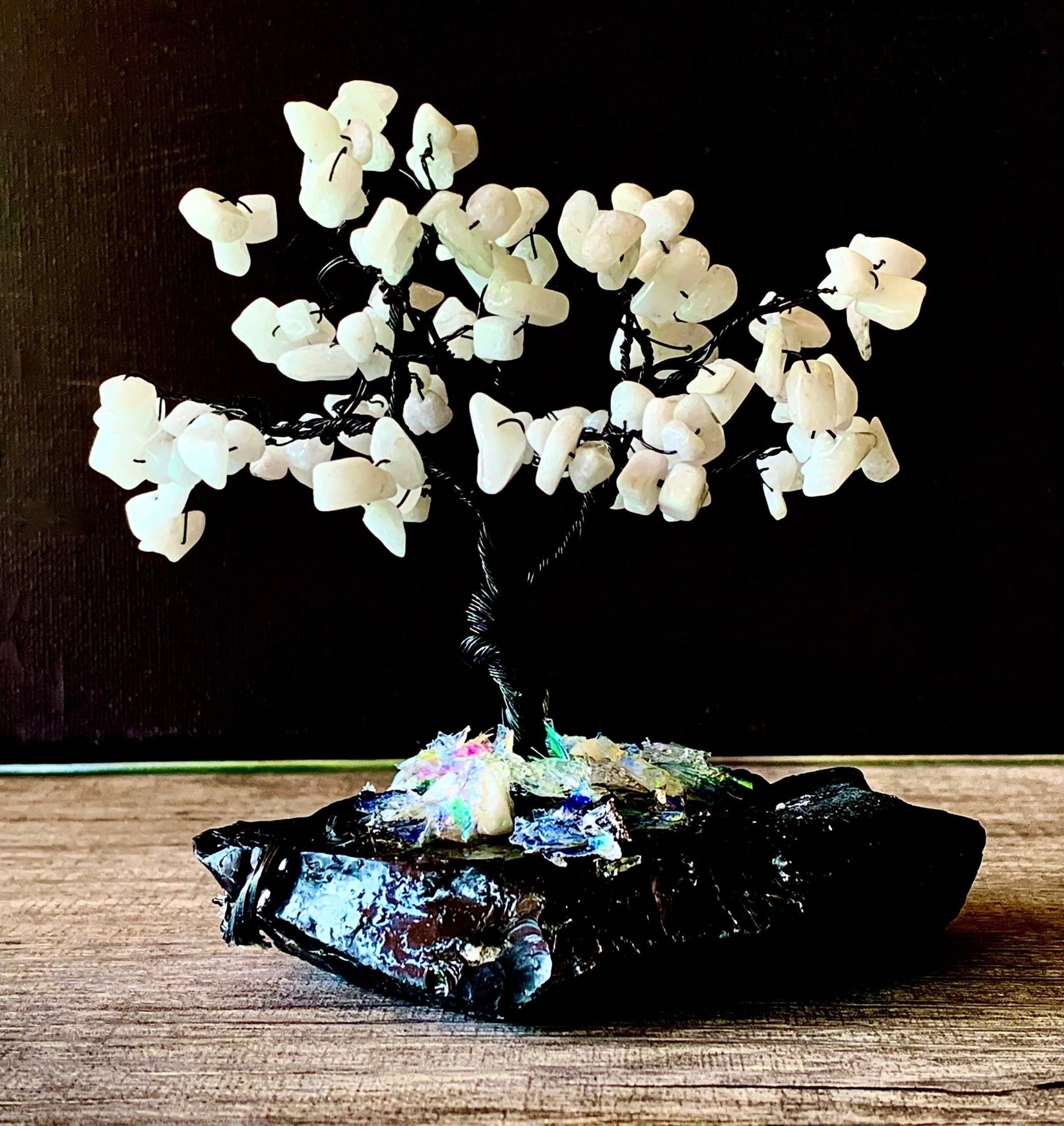 Joy- Handmade White Jade Mini Gemstone Tree Mounted on Raw Obsidian ...