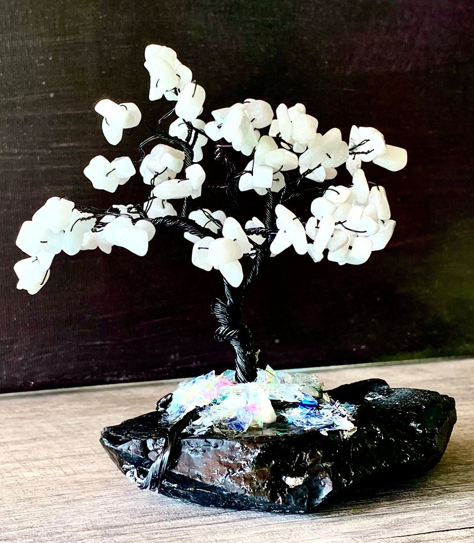 Joy- Handmade White Jade Mini Gemstone Tree Mounted on Raw Obsidian ...